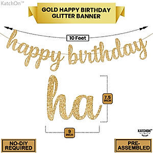 KatchOn Gold Glitter Happy Birthday Banner - 10 Feet, Pre-Strung - Luxurious Birthday Decorations for Women and Men