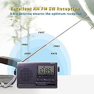 Portable AM FM SW 12 Bands Shortwave Radio, Small Walkman Digital Radio, Time Setting with Auto Power On/Off, High/Low Tone Mode, Build-in Speaker and Earphone Jack, Powered by DC or 2AA Battery