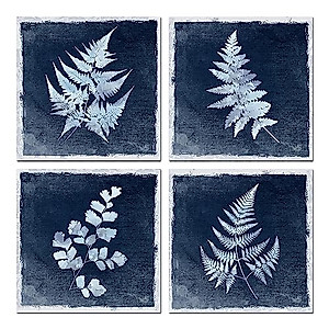 HOMEOART Navy Blue Plant Pictures Wall Art Bathroom Decor Fern Painting Canvas Prints Botanical Wall Art Framed Living Room Kitchen Dining Room Decor 12 x 12 Inch x 4 Panels