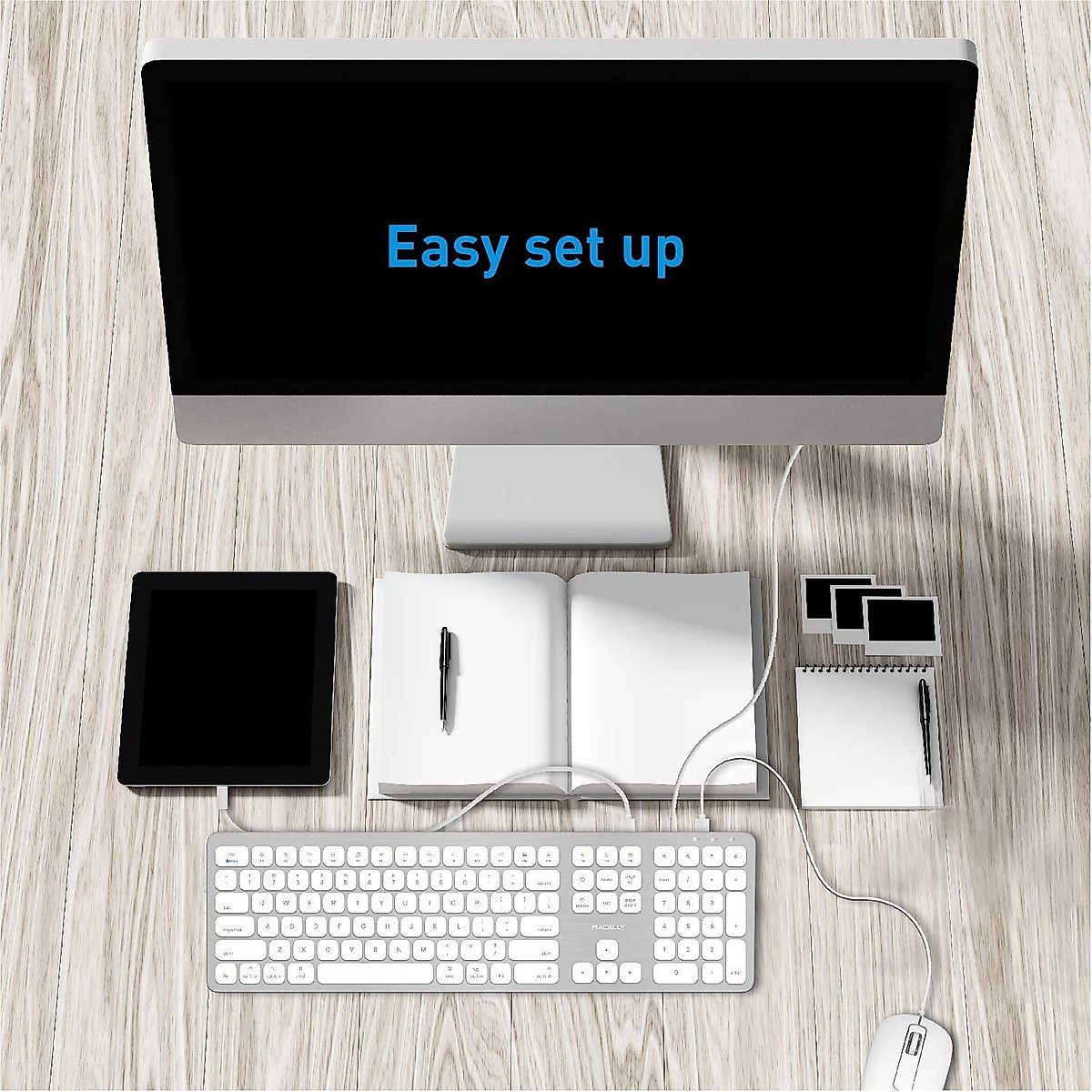 Macally Wired Keyboard for Mac - Compatible Apple Keyboard with USB Ports for Mouse - Full-Size Mac Keyboard with Number Pad - Plug & Play Keyboard for MacBook Pro/Air, iMac - Aluminum Frame