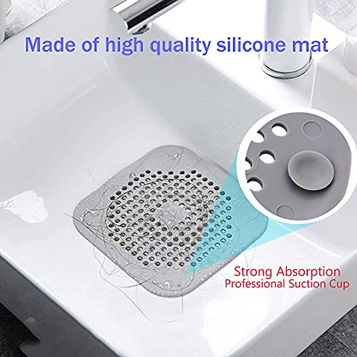 Hair Catcher,Square Drain Cover Silicone Drain Tub Stopper,for Bathtubs & Showers,Filter Shower Drain Protection Flat Strainer Stopper with Suction Cups for Kitchen Sinks (1 Grey + 1 White)