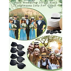 Silicherry 48 Pcs Straw Fedora Hat and Sunglasses Bulk 1920s Panama Style Fedora Eyeglasses for Havana Nights Beach Wedding Guest Gifts Party Supplies