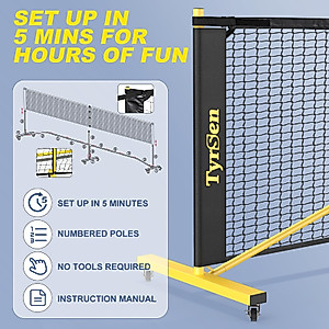 TYRSEN Portable Pickleball Net on Wheels, 22FT Pickleball Net for Driveway Backyard, 18-Ply PE Net, Weather Resistant Metal Frame Pickle Ball Net System for Indoor & Outdoor Play
