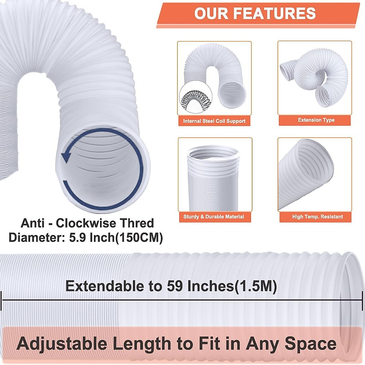 Complete 6-Piece Window Seal Kit for Portable Air Conditioner - Fits Sliding Windows and Doors - Extends up to 87in - Includes 5.9in Exhaust Hose and Rain Cover