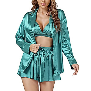 LYANER Women’s 3 Pieces Satin Cami Shorts Pajamas Rope Set Crop Sleepwear Lingerie Loungewear Set Turquoise Medium
