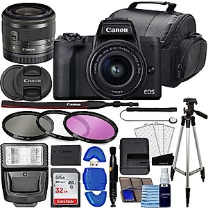 Canon EOS M50 Mark II Mirrorless Digital SLR with 15-45mm Lens Kit (Black) + 32GB Memory Card + 3 Piece Filter Kit, Tripod, Flash + Photography Bundle