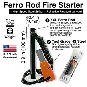 Camping Flint and Steel Fire Starter, 0.4x4in (10x100mm) Ferro Rod, HSS Striker, Paracord, Waterproof Outdoor Survival Kit aZengear