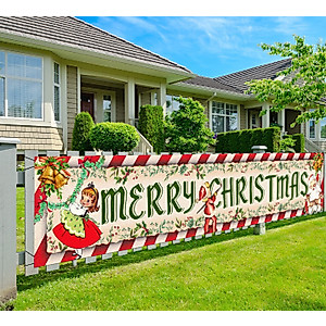 Vintage Christmas Decorations Outdoor Yard Sign Vintage Style Merry Christmas Banner Traditional Retro Santa Xmas Hanging Banner for Xmas New Year Holiday Party Supplies Indoor Outdoor