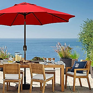 Blissun 9ft Patio Umbrella, Manual Push Button Tilt and Crank Garden Parasol (Red)