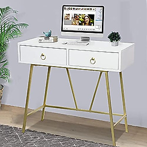 Anmytek Modern Home Office Desk, 35.4 Inch Makeup Vanity Table White Study Desk 2 Drawers Writing Desk Computer Desk with Golden Legs, D0002