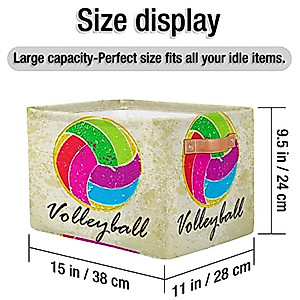 Volleyball Ball Print Storage Basket, Collapsible Canvas Fabric Storage Toys Bin Shelves Decor Laundry Organizer with Leather Handles for Closet Shelf Nursery Bedroom 15x11x9.5 In