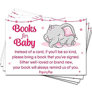 50 Books for Baby Shower Request Cards for Girl (50 Pack) - Elephant - Bring a Book Instead of a Card - Baby Shower Invitations Inserts Supplies