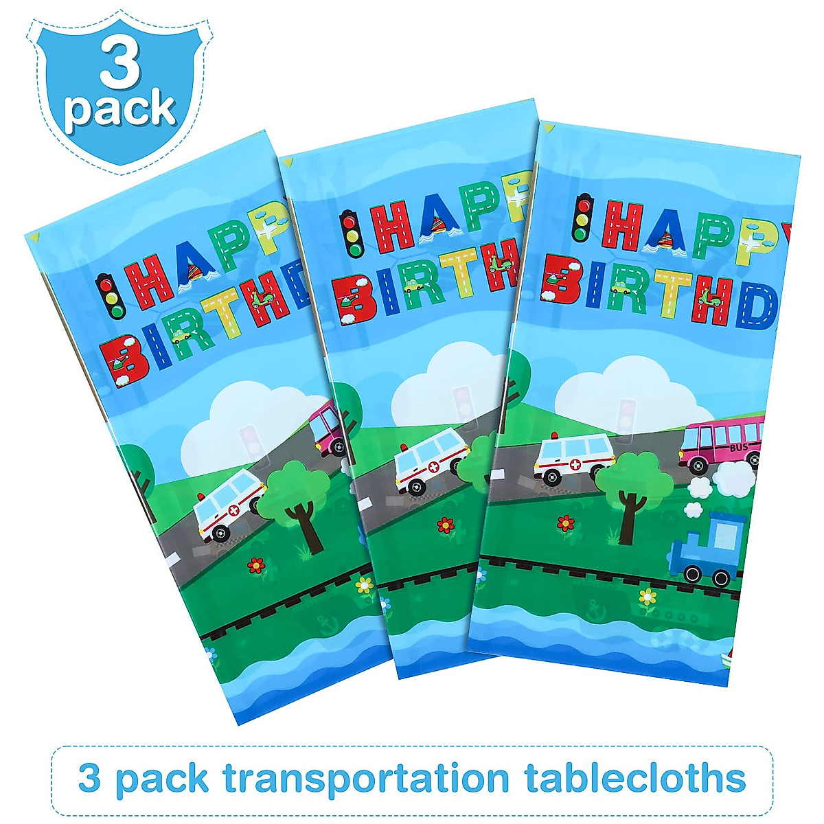 Tegeme 3 Pack Transportation Birthday Party Supplies Transportation Table Covers Cars Tablecloth Vehicle Transportation Birthday Decorations for Kids Birthday Baby Shower Party, 54 x 108 Inch