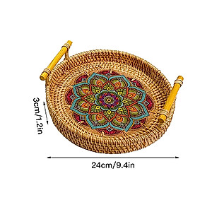 BDSJBJ Rattan Round Serving Tray,Rattan Woven Round Basket Decorative Woven Ottoman Trays with Handles Rustic Decorative Tray for Coffee Table Dinner Party Kitchen Organizer, Blue, 24*24*3CM