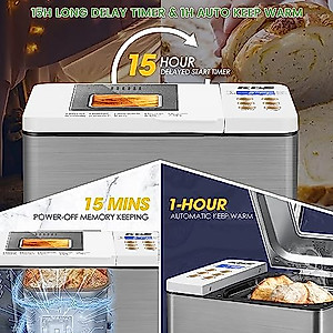 KBS 19-in-1 Compact Bread Machine with Dual-Heaters, 1.5LB Stainless Steel Auto Bread Maker with 2 Loaf sizes & 3 Crust Colors, Nonstick Pan, 15H Delay Timer & Keep Warm Set, Oven Mitt and Recipes
