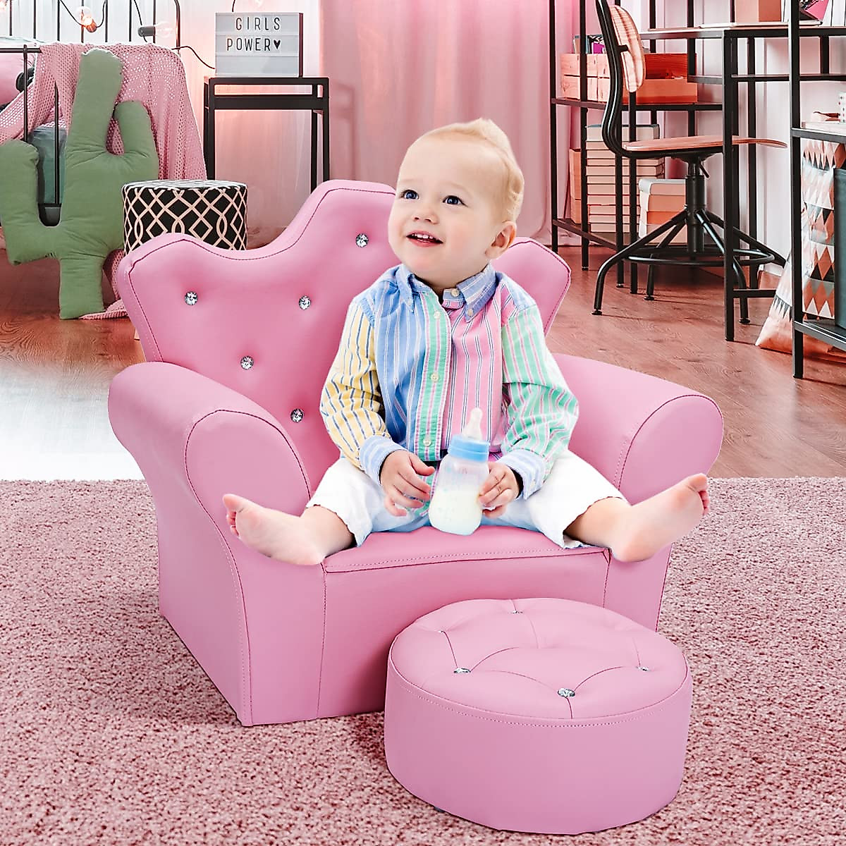Costzon Kids Sofa, Children Upholstered Sofa with Ottoman, Princess Sofa with Diamond Decoration, Smooth PVC Leather Toddler Chair, Kids Couch for Boys and Girls, Gift for Toddlers (Pink)