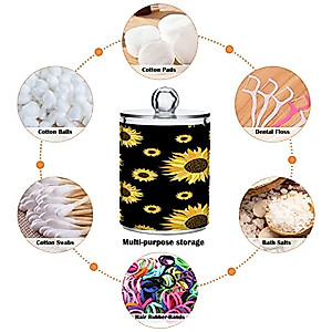 Kigai Black Sunflower Qtip Holder - 14OZ Clear Plastic Apothecary Jars Bathroom Canister Dispenser Organizer Vanity Storage Jar with Lid for Cotton Ball, Cotton Swab, Floss (2PACK)