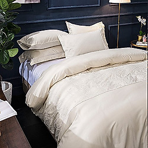 Merryfeel Cotton Duvet Cover Set,100% Cotton Embroidery with lace Duvet Cover Set- Cream- Full/Queen