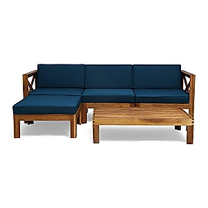 Christopher Knight Home Mamie Outdoor Acacia Wood 5 Piece Sofa Set, Teak Finish, Dark Teal