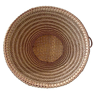 PANWA Handmade 100% Natural Traditional Thai Bamboo Wicker Sticky Rice Cooking Basket Lucky Elephant Weave with Large Size with 24x24 Inch Cheesecloth Wrap and Vintage Wooden Paddle