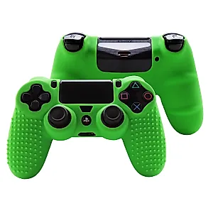 PS4 Controller Grips,Pandaren Studded Anti-Slip Silicone Cover Skin Set Compatible for PS4 /Slim/PRO Controller(Green Controller Skin x 1 + FPS PRO Thumb Grips x 8)