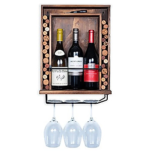 Rustic State Kayra Wall Mounted Wood Wine Bottle Box Rack with Cork Storage Glassware Holder Stemware Shelf Organizer - Home, Kitchen, Dining Room Bar Décor - Walnut