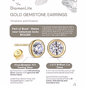 DiamonLite 1 Ct Round CZ 925 Sterling Silver Bezel Set Studs Earrings for Women and Men - Bezel Set CZ Earrings, 18K Gold Plated 925 Silver CZ Bezel Stud Earrings, Gold CZ Earrings for Women and Men