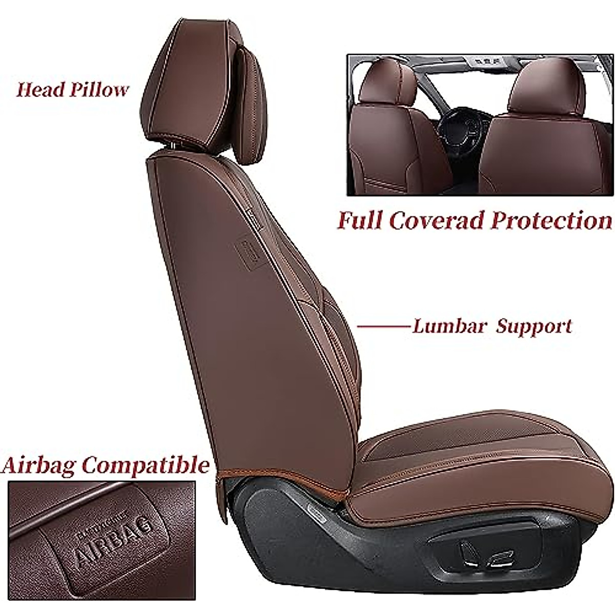Coverado Front and Back Seat Covers 5 Pieces, Waterproof Nappa Leather Auto Seat Protectors Full Set with Head Pillow, Universal Car Accessories Fit for Most Sedans SUV Pick-up Truck, Brown