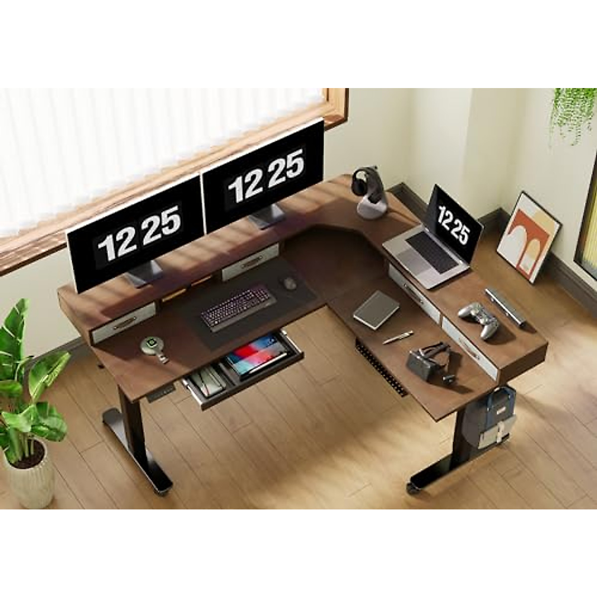 INNOVAR Triple Motor L Shaped Standing Desk with Drawers, Solid Wood Adjustable Corner Stand Up Desk, 63" Electric Standing Desk for Home Office, Black Frame/Brown Top