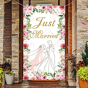 LOONELO Just Married Wedding Door Cover with 70.8''X35.4'', Floral Bridal Shower Hanging Banner Porch Sign for New Couple Wedding Ceremony, Engagement, Bachelorette Party Supplies