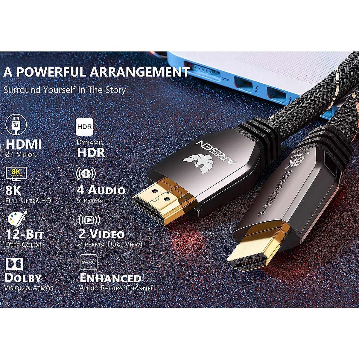 ARISEN 8K HDMI 2.1 Cable 8ft & 4ft Bundle