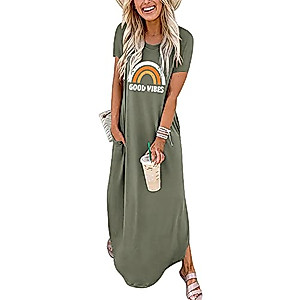 Prinbara Women's Casual Loose Sundress Long Dress Short Sleeve Split Maxi Dresses Cover Up Long Cami Maxi Dresses with Pockets 2PA22-ganlanlvyinzi-S