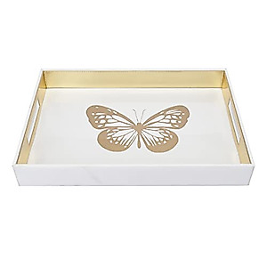 Zvasti Faux Leather Butterfly Printed Tray. White Faux Leather Trays for Coffee Table. Rectangle Tray with Handles