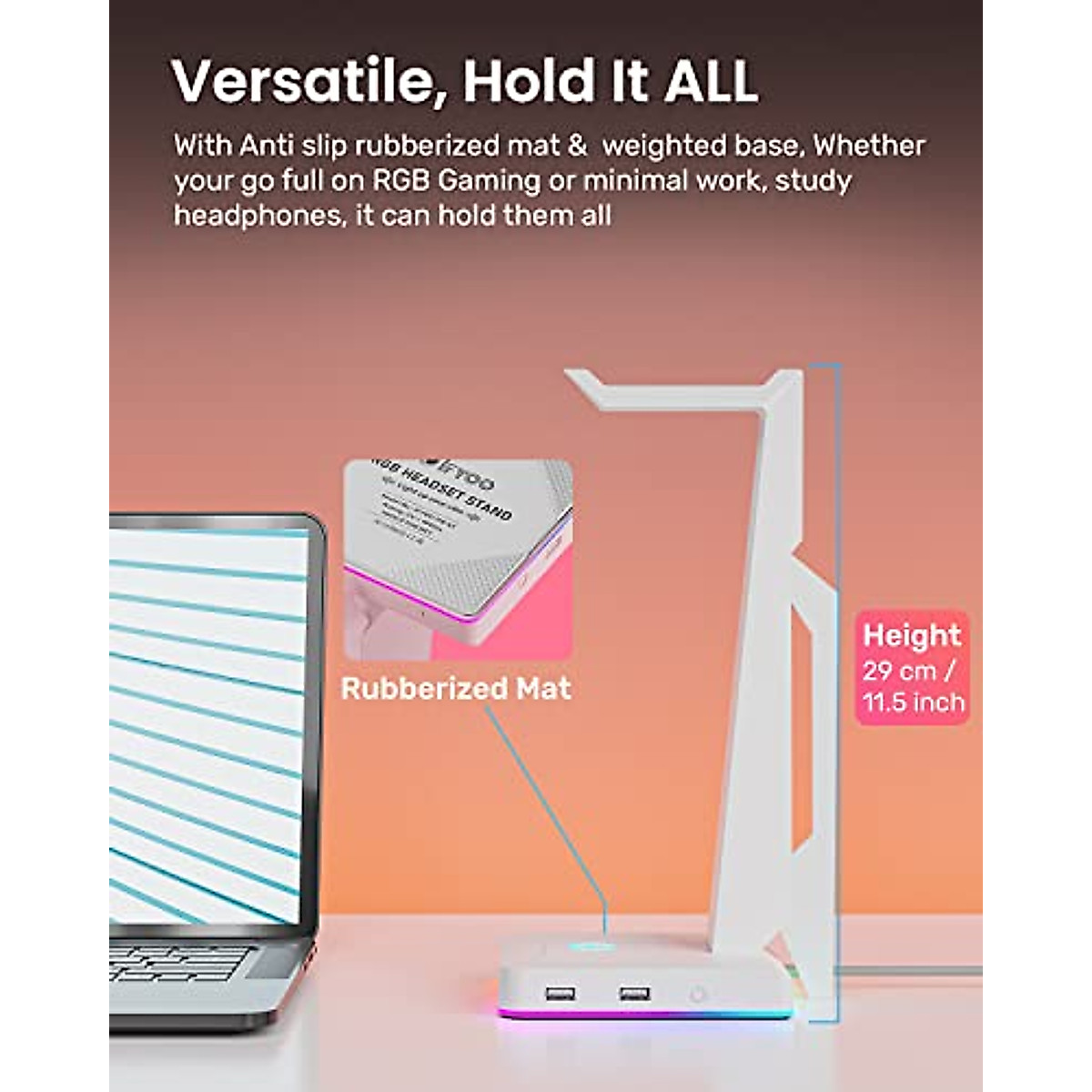 IFYOO RGB Gaming Headset Stand with 2 USB Ports, Game Headphone Mount for PC, Xbox One, PS4, Switch, Earphone Holder Hanger, Great for Gaming Stations, Fancy Desk Gamer Accessories, White