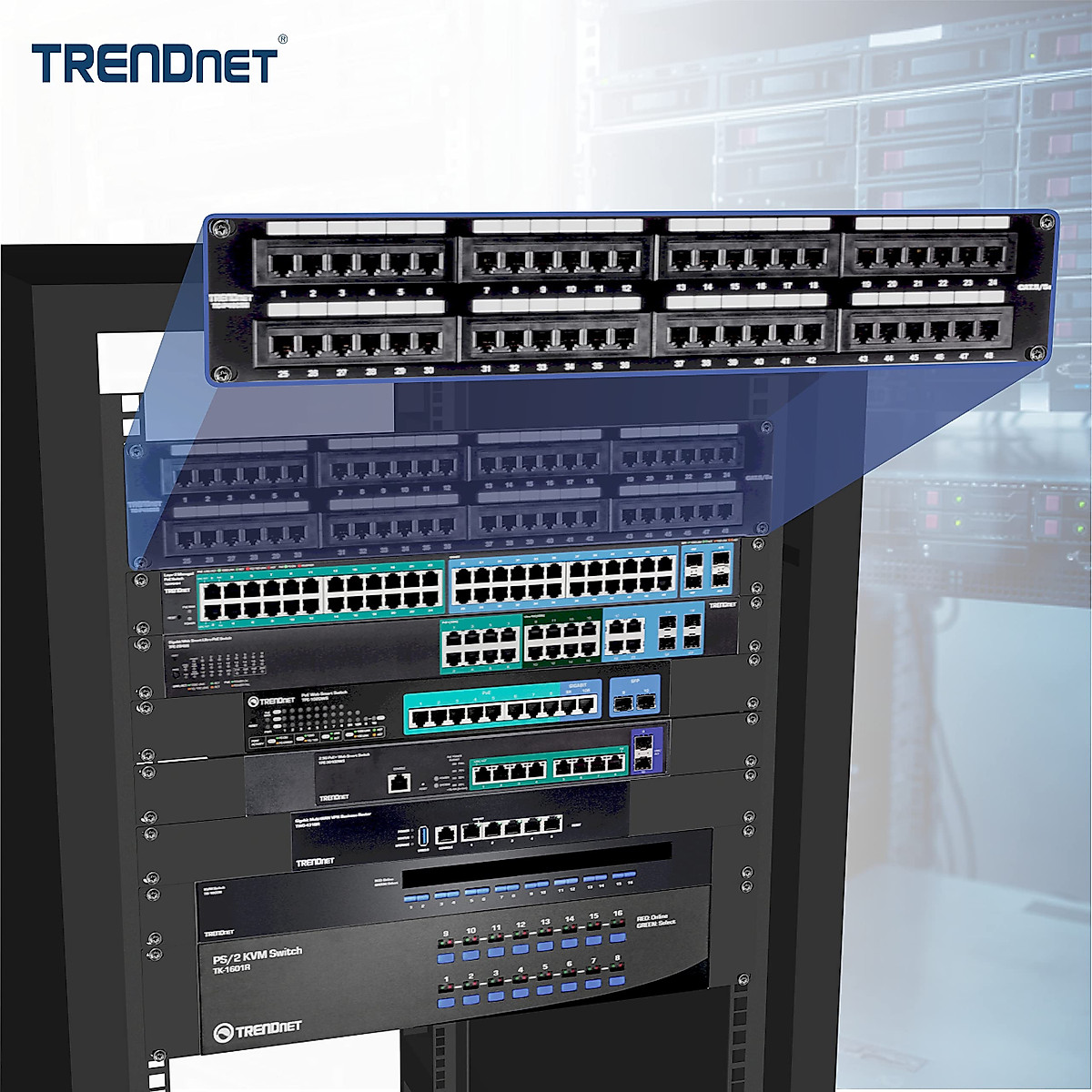TRENDnet 48-Port Cat5/5e Unshielded Patch Panel, TC-P48C5E, 2U 19 inch Rackmount Design or Wall Mount, Cable Management, NDAA Compliant, 48 x Gigabit RJ-45 Ports