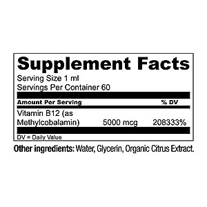 Vegan Vitamin B12 Sublingual Liquid Drops by Live Conscious- Methylcobalamin Max Strength B12 5000mcg Formula - Vegan B 12 Vitamin Support Energy & Mood, Promote Memory, Aid Immune System - 60 Serving