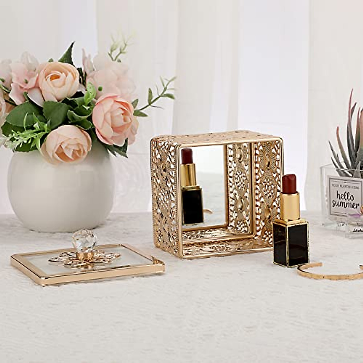 Hipiwe Hollow-carved Metal Jewelry Box with Glass Lid, Gold Mirrored Trinket Organizer Square Treasure Box for Ring Earrings Necklace, Christmas Birthday Gift for Women Girls