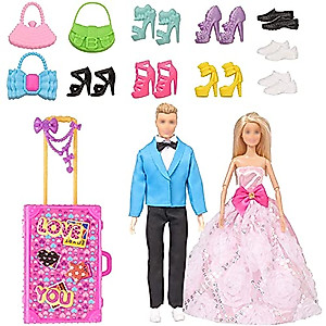 SOTOGO 33 Pieces Doll Clothes and Accessories for 11.5 Inch Girl Boy Doll Wedding Playset Include 12 Sets Doll Groom Suit/Wedding Dress/Casual Wearing Clothes, 8 Pairs Shoes and Doll Accessories
