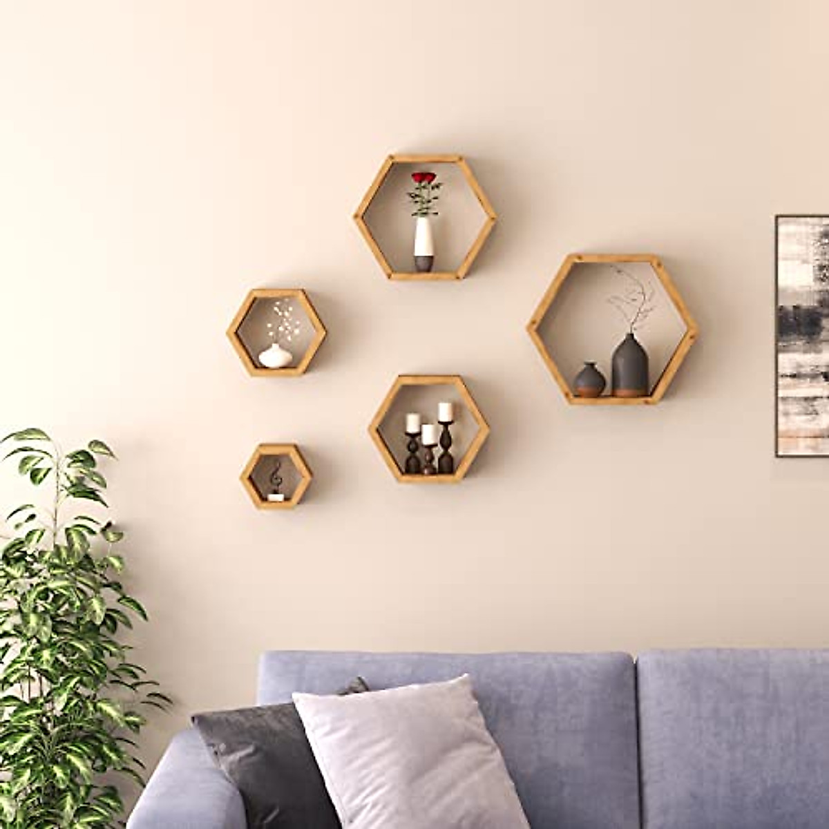 Red River Hexagon Floating Shelves Set of 5,Wall Mounted Wood Farmhouse Storage Honeycomb Wall Shelf,Floating Shelf,Wall Shelf for Bathroom,Kitchen, Bedroom, Living Room, Office (Dark Brown)