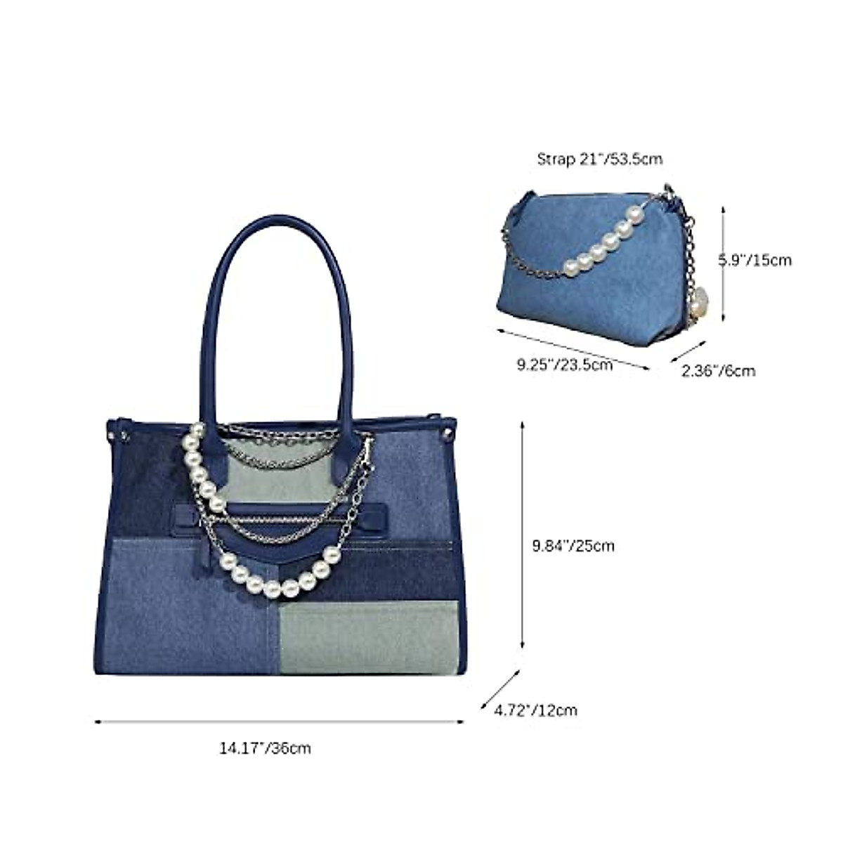 GLOD JORLEE Stylish Large Tote Bags for Women, Large Denim Shoulder Tote Handbags with a Small Denim Purses(Blue)