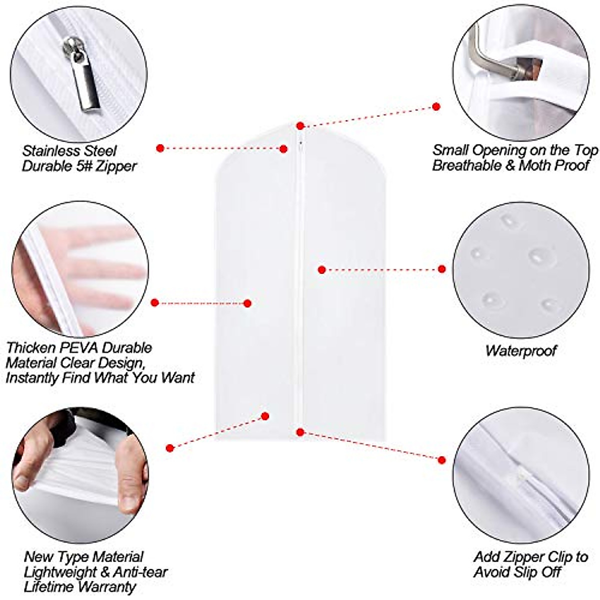 Hanging Garment Bag 24''X40'' White Lightweight Clear Full Zipper Suit Bags (Set of 6) PEVA Breathable Garment Cover for Suit Closet Clothes Storage