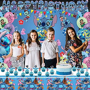 Cartoon Birthday Party Decorations Include Birthday Banner, Balloons, Backdrop, Cupcake Toppers, Hanging Swirls, Tablecloth, Cartoon Birthday Party Supplies