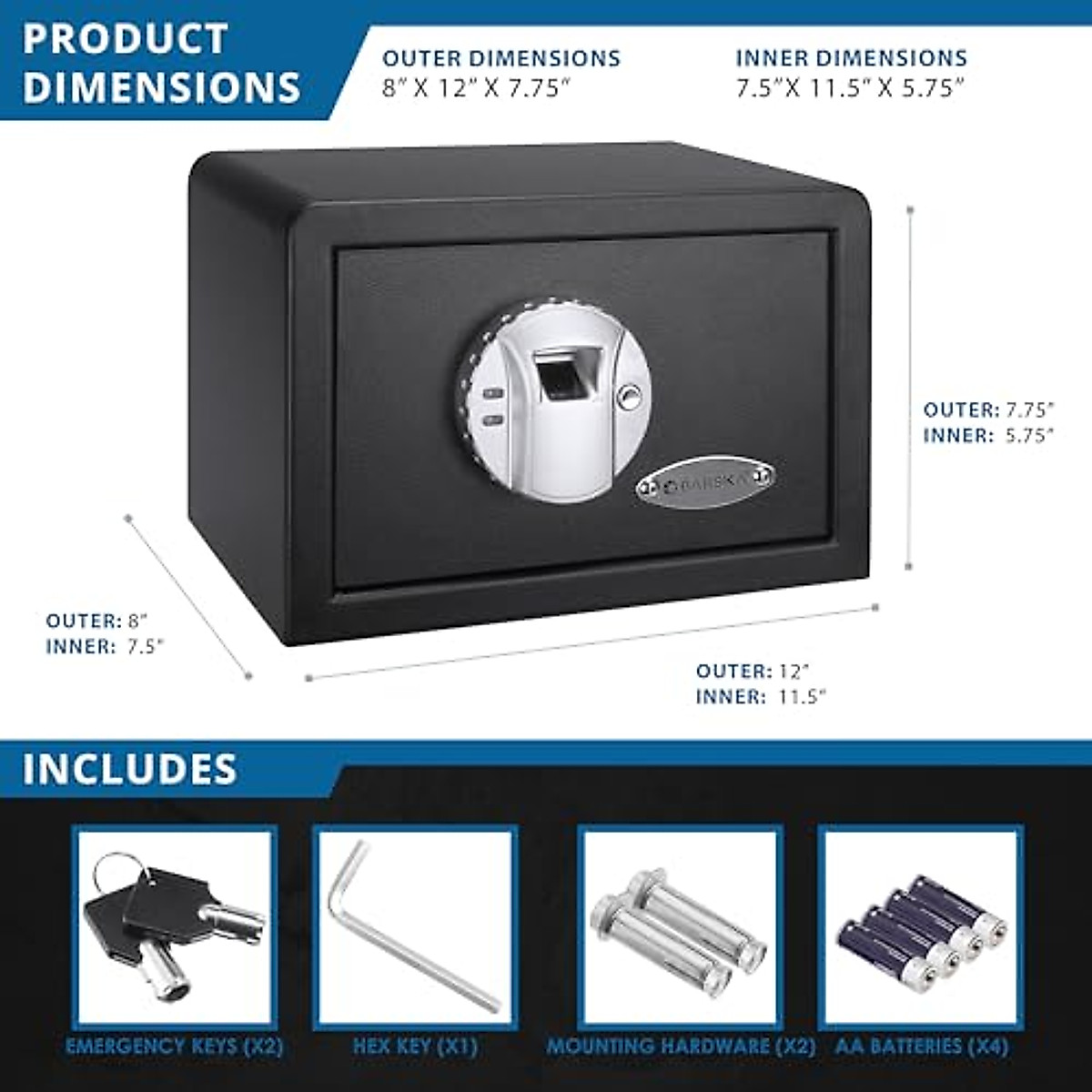 Barska AX11620 Biometric Fingerprint Mini Security Home Safe Box 0.29 Cubic Ft, Black, 12" x 8" x 7.75"