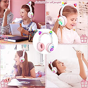 Kids Headphones, Wireless Cat Ear LED Light Up Bluetooth Headphones for Girls w/Microphone, Over On Ear Headset for School/Kindle/Tablet/PC Online Study Birthday Xmas Gift (Pink&White)