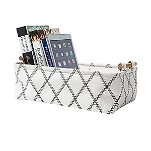LUFOFOX Decorative Collapsible Rectangular Fabric Storage Bin Organizer Basket with Wooden Handles for Clothes Storage,12.6x8.7x4.7 inch,White