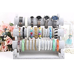 Wudygirl Triple Bracelet Holder Jewelry Display Stand Watch Bangle Bar Necklace Storage Organizer Gray (Ice Velvet 3 Tier)