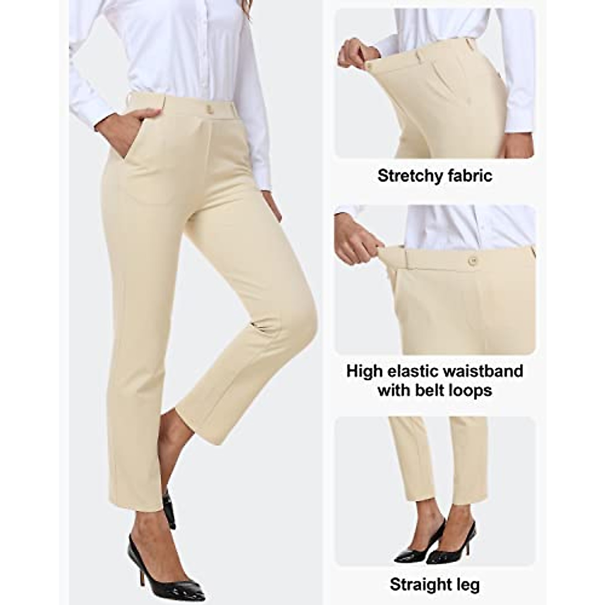 MoFiz Straight Leg Business Casual Dress Pants for Women Stretchy Office Work Teacher Petite Pants High Waisted Golf Slacks Pull On Trousers Khaki L