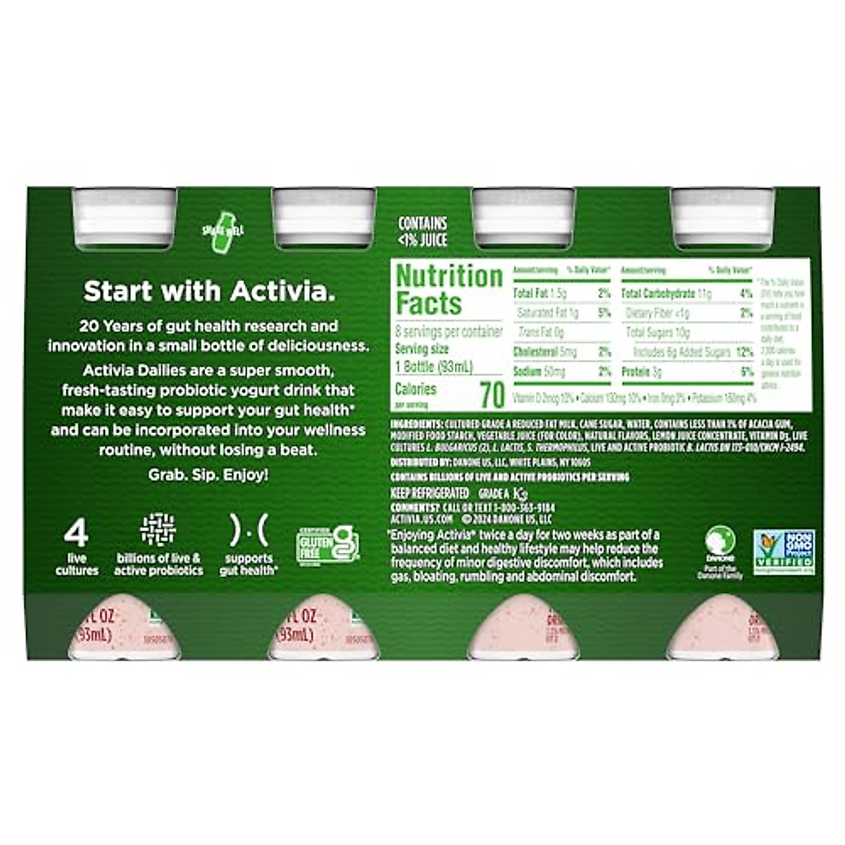 Activia Probiotic Dailies Strawberry Lowfat Yogurt Drinks, Delicious Daily Probiotic Yogurt Smoothie Drinks to Help Support Gut Health, 8 Ct, 3.1 FL OZ