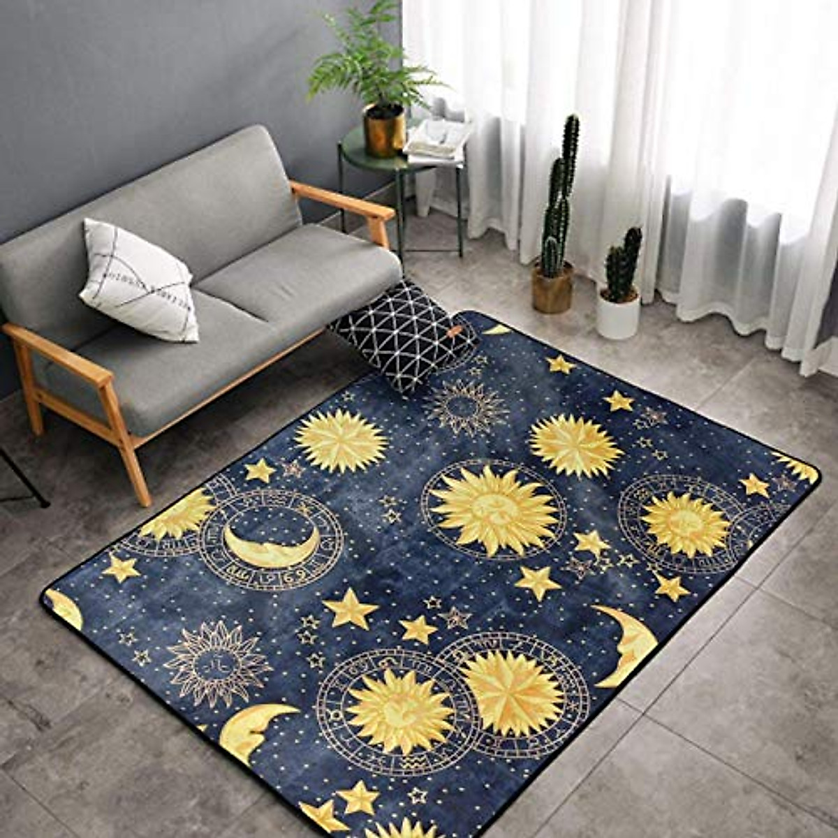 SWEET TANG Area Rug Meet 1998 Boho Chic Art Golden Sun Moon and Star Over Blue Black Sky Flannel Microfiber AntiSlip Water Resistant Carpet Bathroom Play Mat for Floor Hallway Home Decoration 60x39