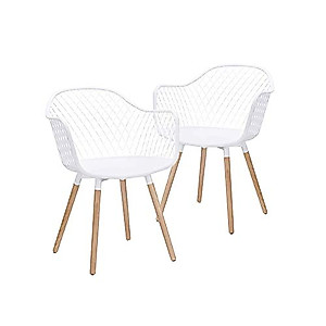CangLong Modern Natural Wood Legs Easily Assemble Mid Century Molded Plastic Shell Arm Hollow Out Chair for Living, Bedroom, Kitchen, Dining, Waiting Room, set of 2,White